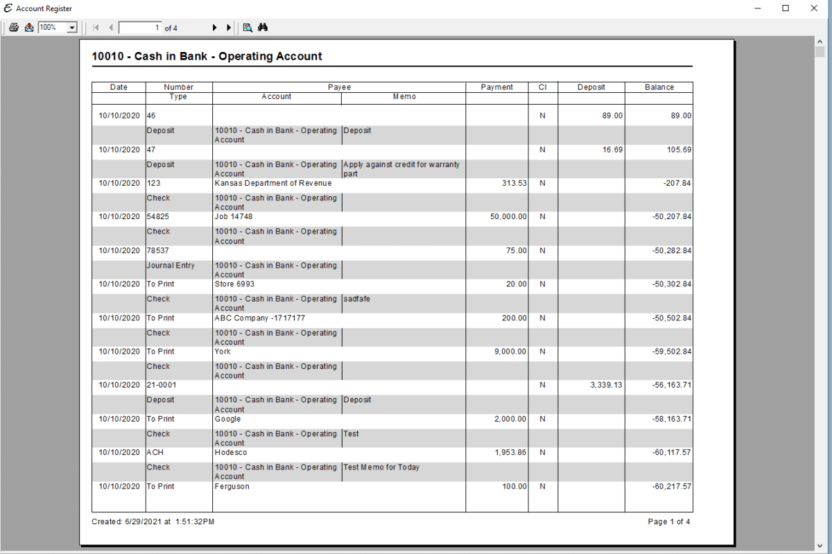 Account Register Report - Aptora
