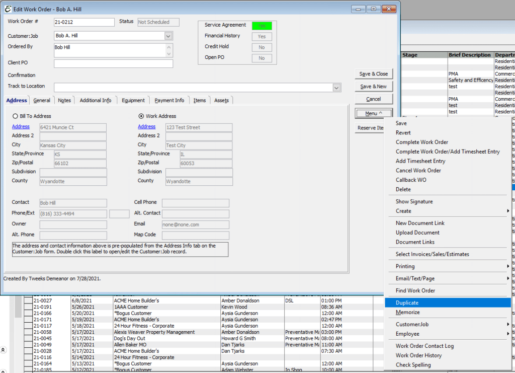 Duplicate Work Order - Aptora