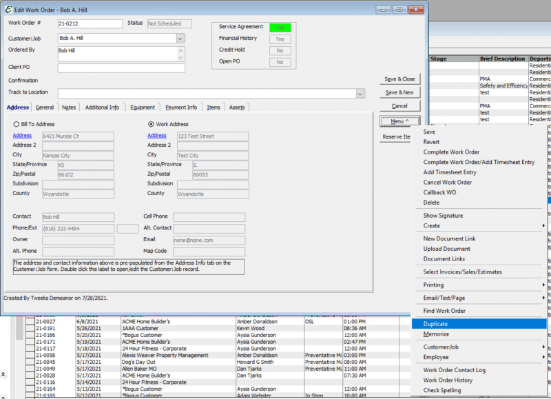 Duplicate Work Order - Aptora