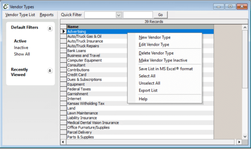 Vendor Types List - Aptora