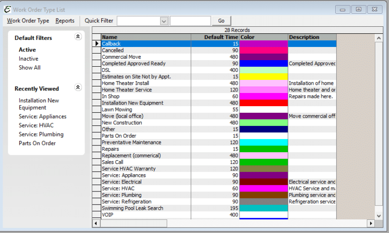 Work Order Types List - Aptora